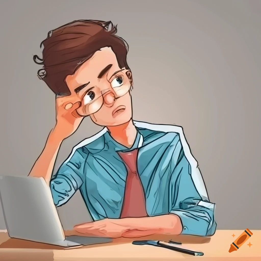 Illustration of a man contemplating technology in the office on Craiyon