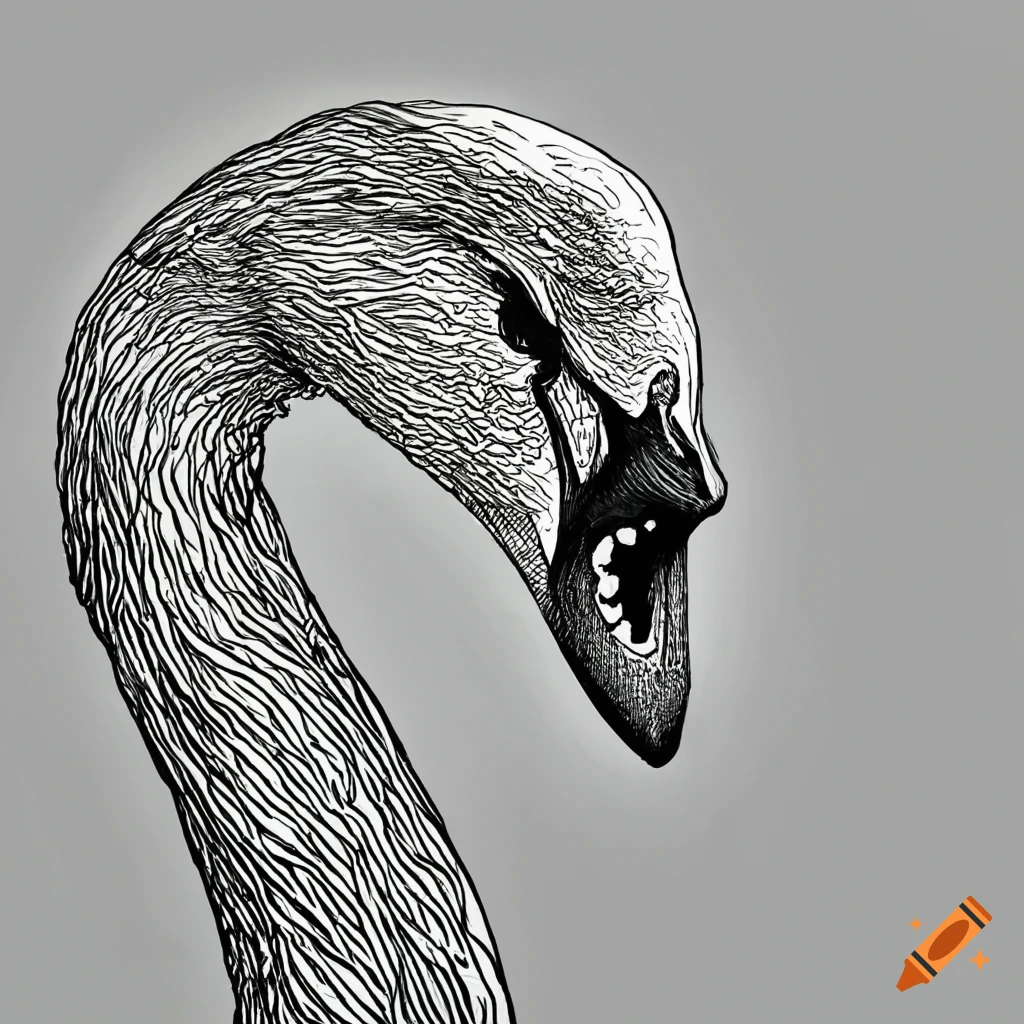 Black and white illustration of an angry swan