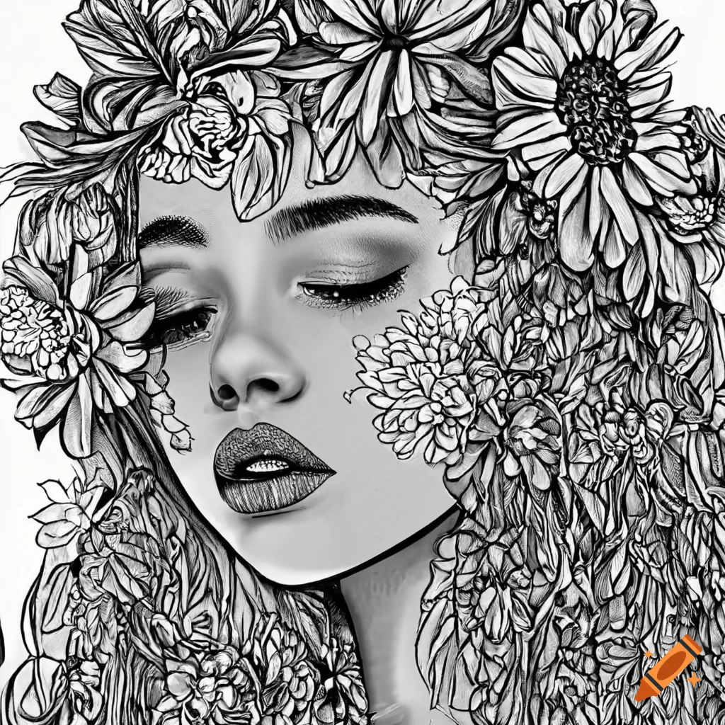 Girl with flowers on her head in coloring book style on Craiyon