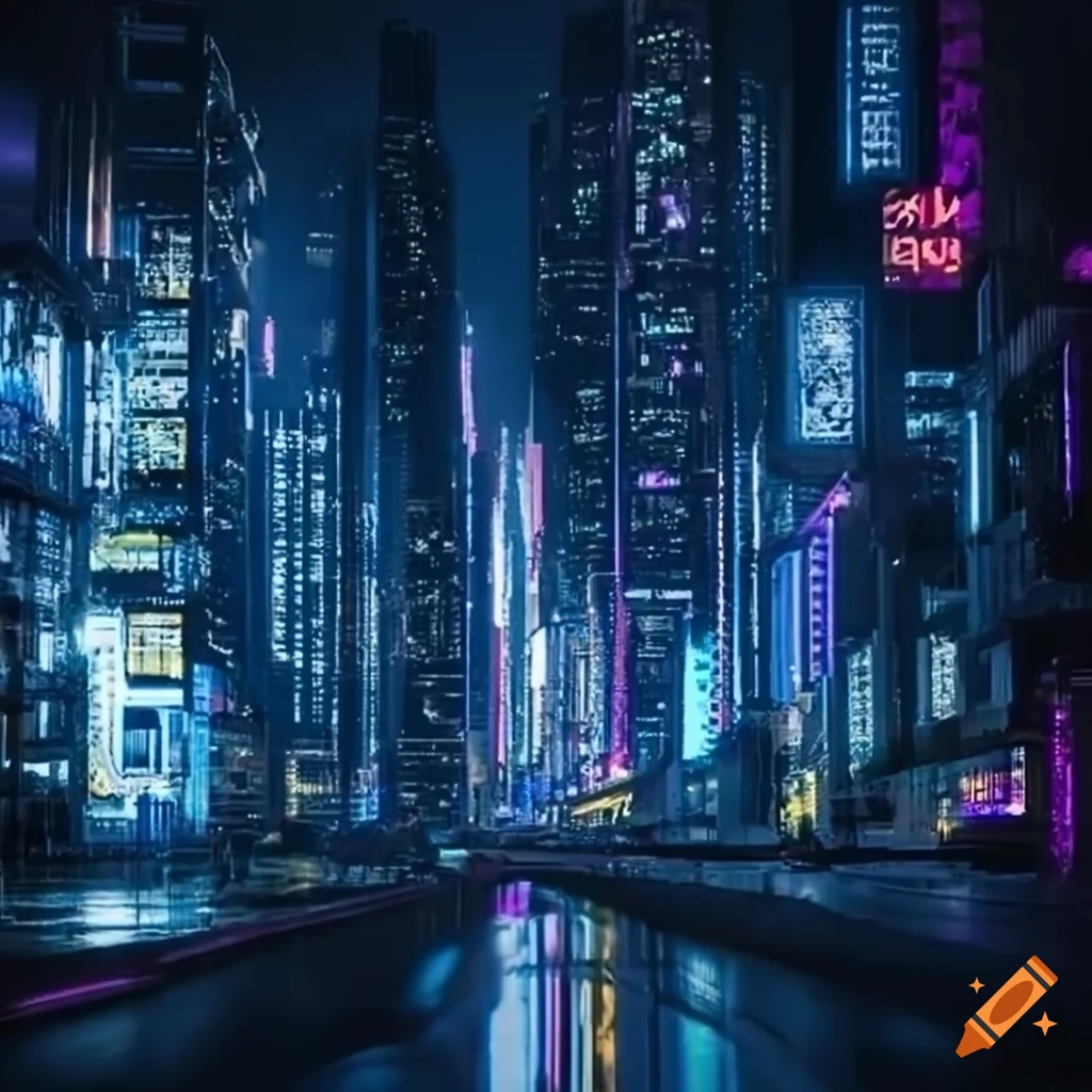 Wide shot of a colorful illuminated city at night in the middle of a ...