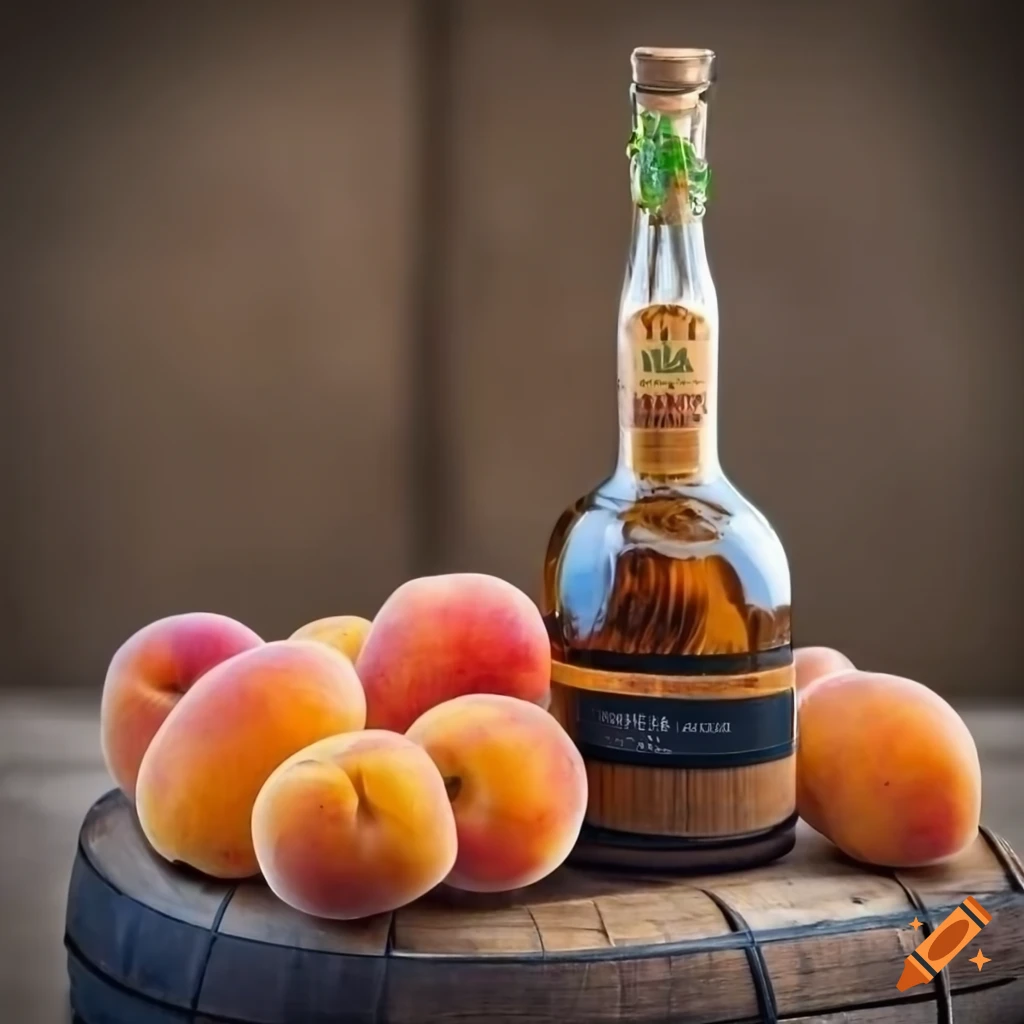 Bottle of rakija with plum fields in the background and delicious plums ...