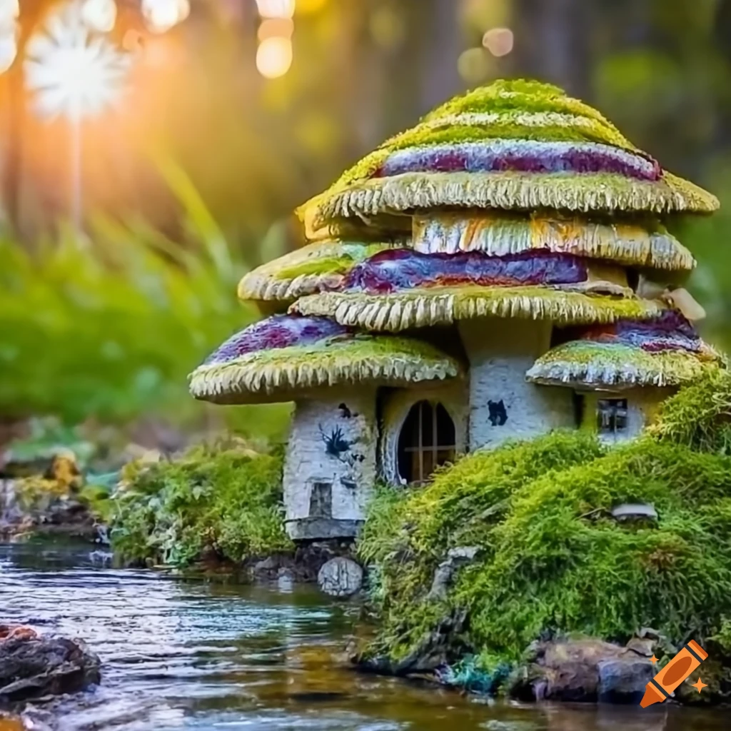 Photograph of a moss mushroom fairy house by a lake
