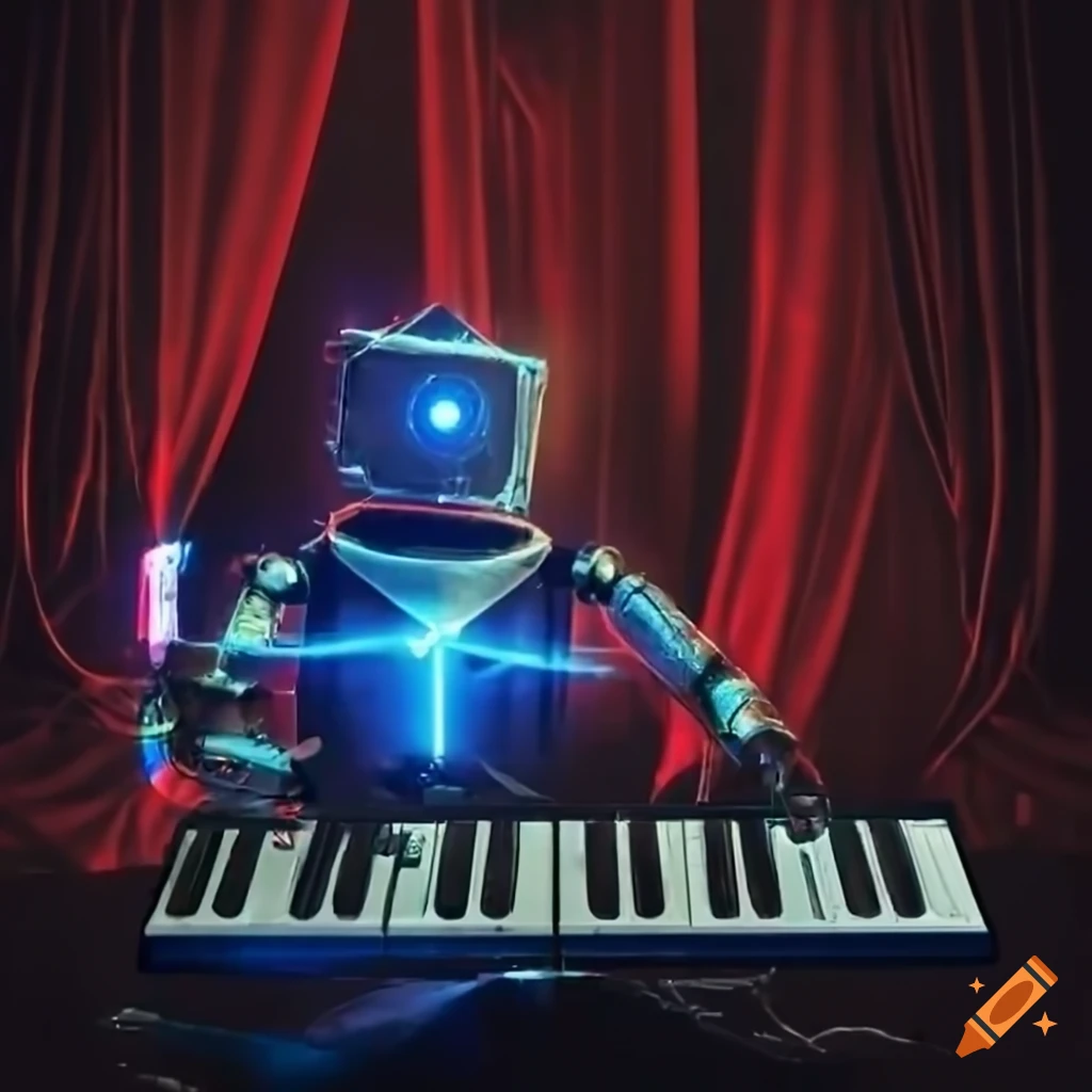 Concept art of a musical robot surrounded by lasers and floating dust