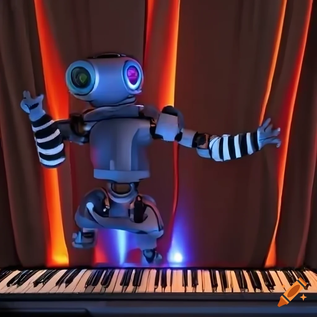 Robot dancing on a musical synthesizer keyboard