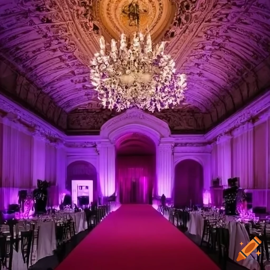Elegant ballroom with crystal chandeliers and guests in designer attire ...