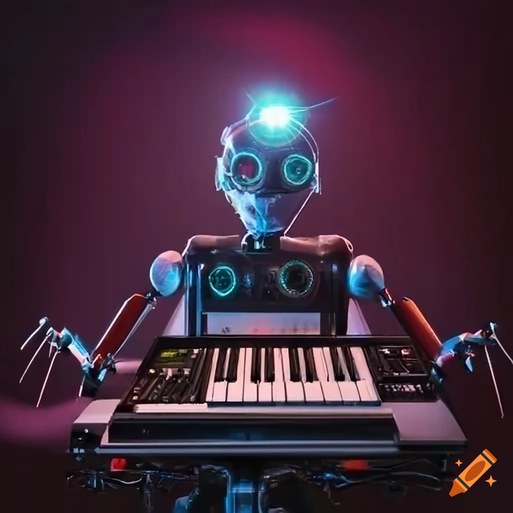 Colorful robot playing keyboard synth on stage on Craiyon