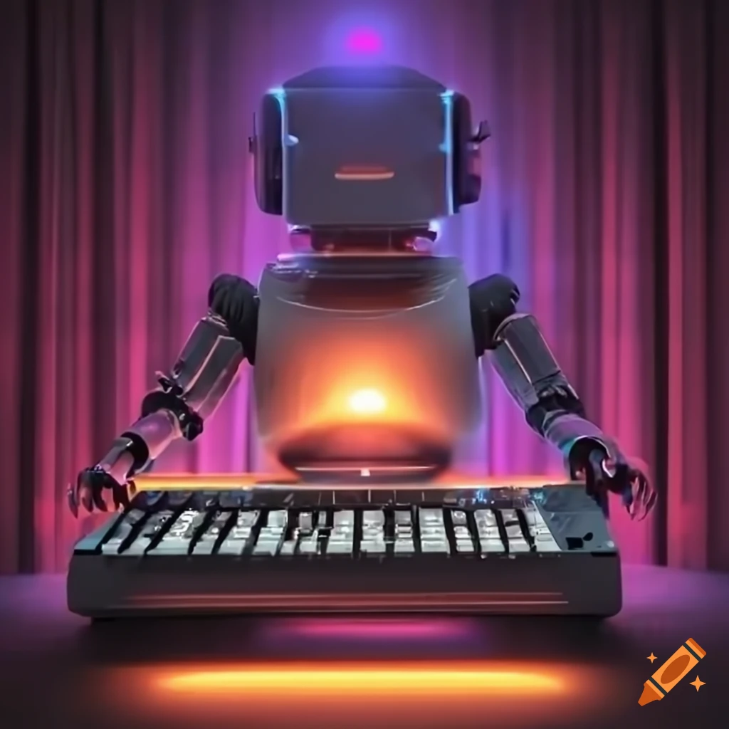 Robot playing keyboard in front of a curtain with laser lights on Craiyon