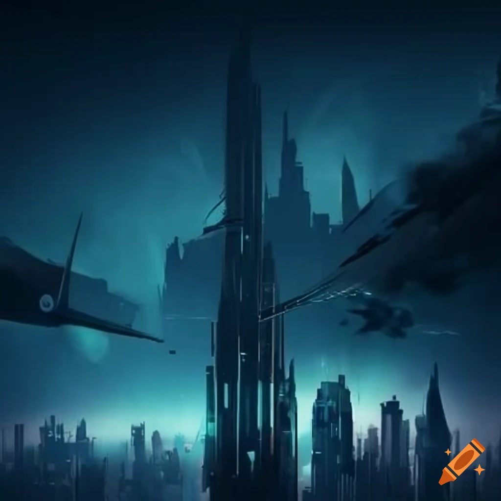 Futuristic city at midnight with a falling plane on Craiyon