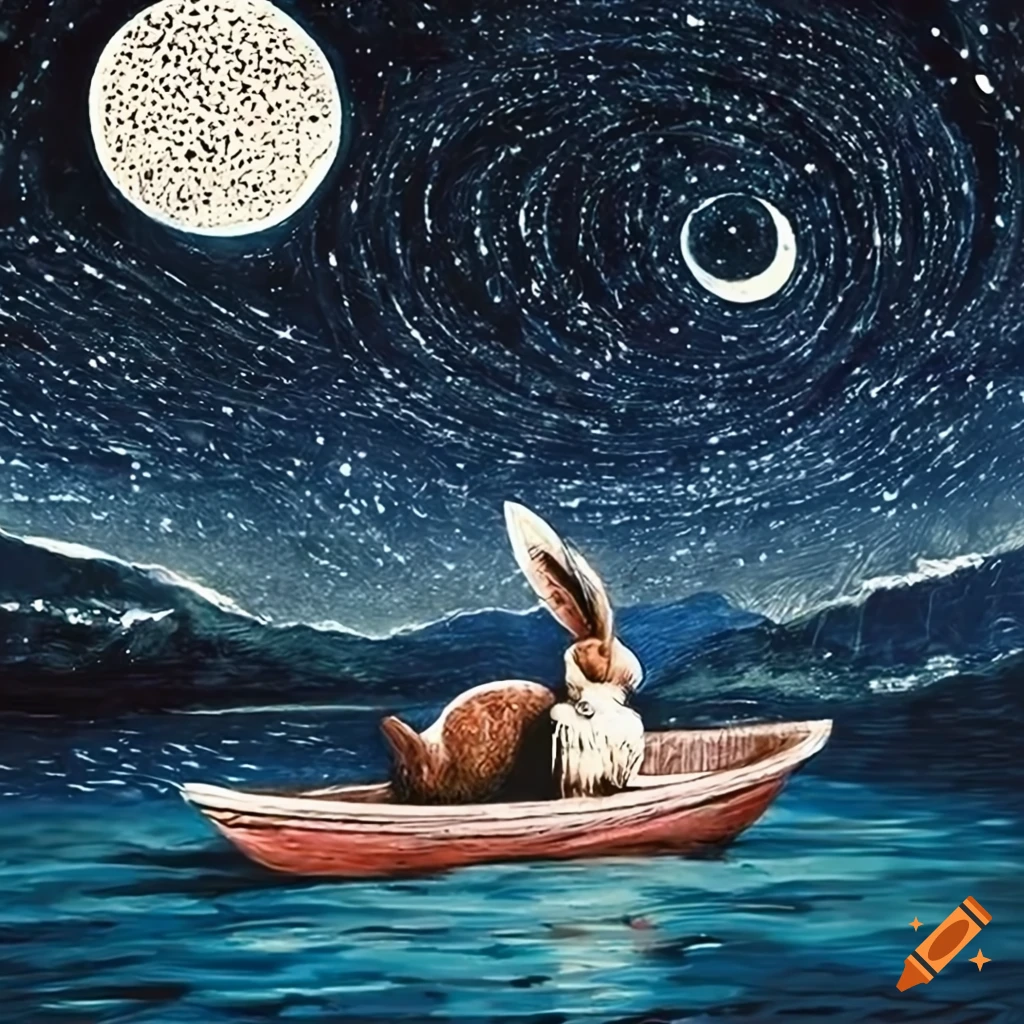 Stone lithograph illustration of rabbits in a wide angle view