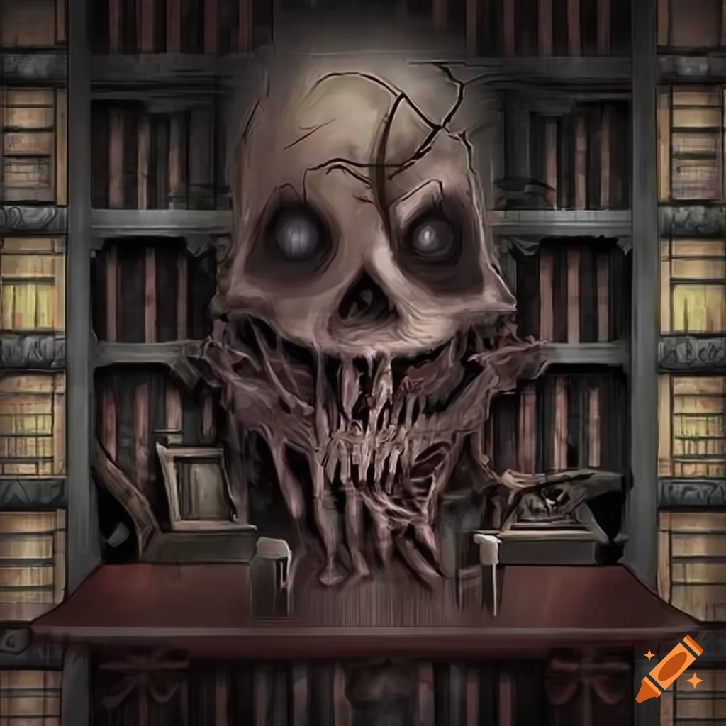 Digital art of a dark and spooky library