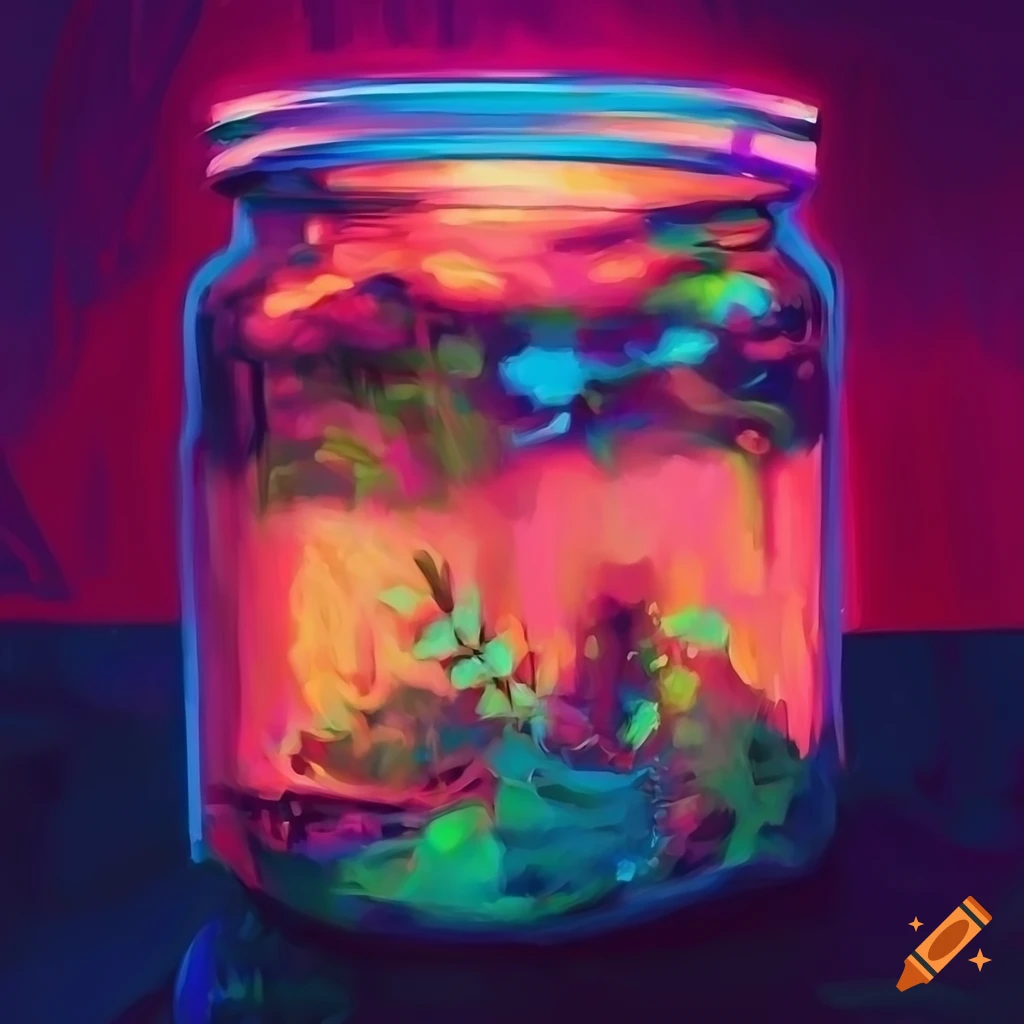 Vibrant acrylic painting of empty jars and plants on Craiyon