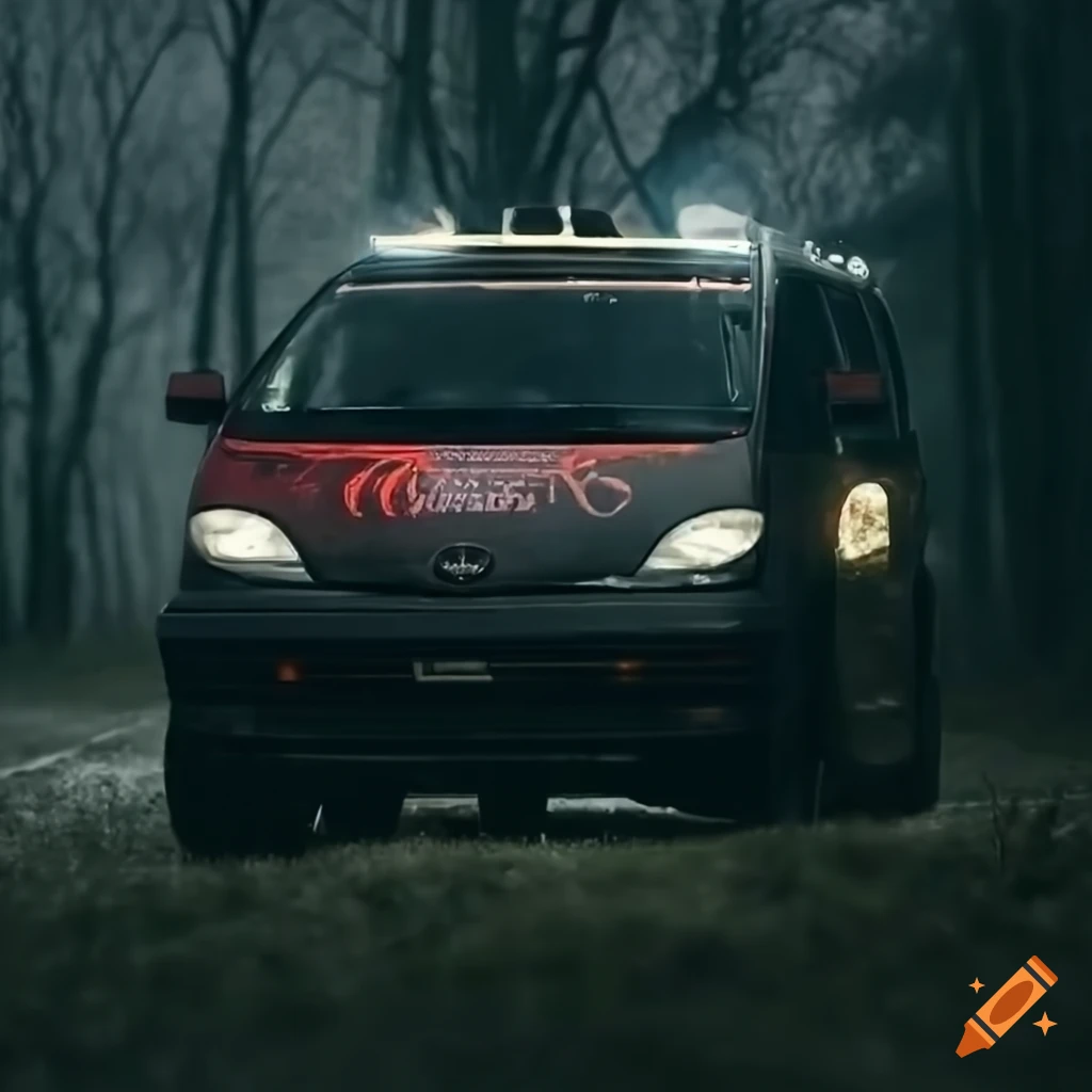 Gothic painted rally car driving through an eerie landscape