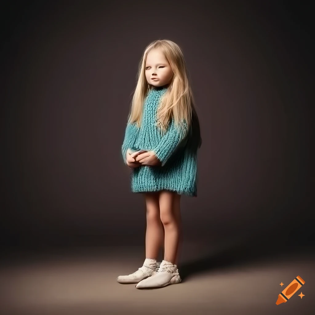 Fashion photography of a cute girl in a knitted sweater on Craiyon