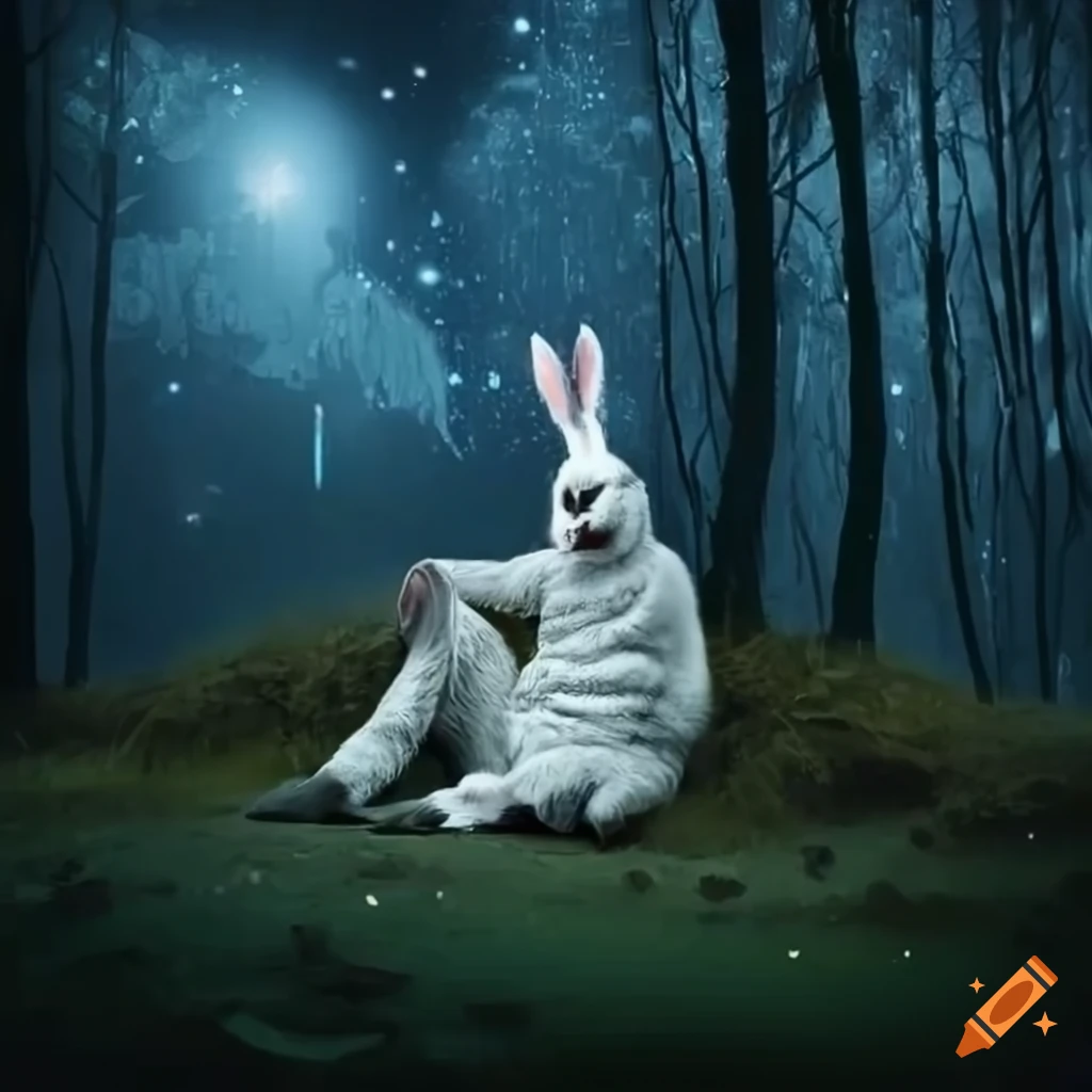 Man in rabbit suit sitting under the stars in a forest on Craiyon