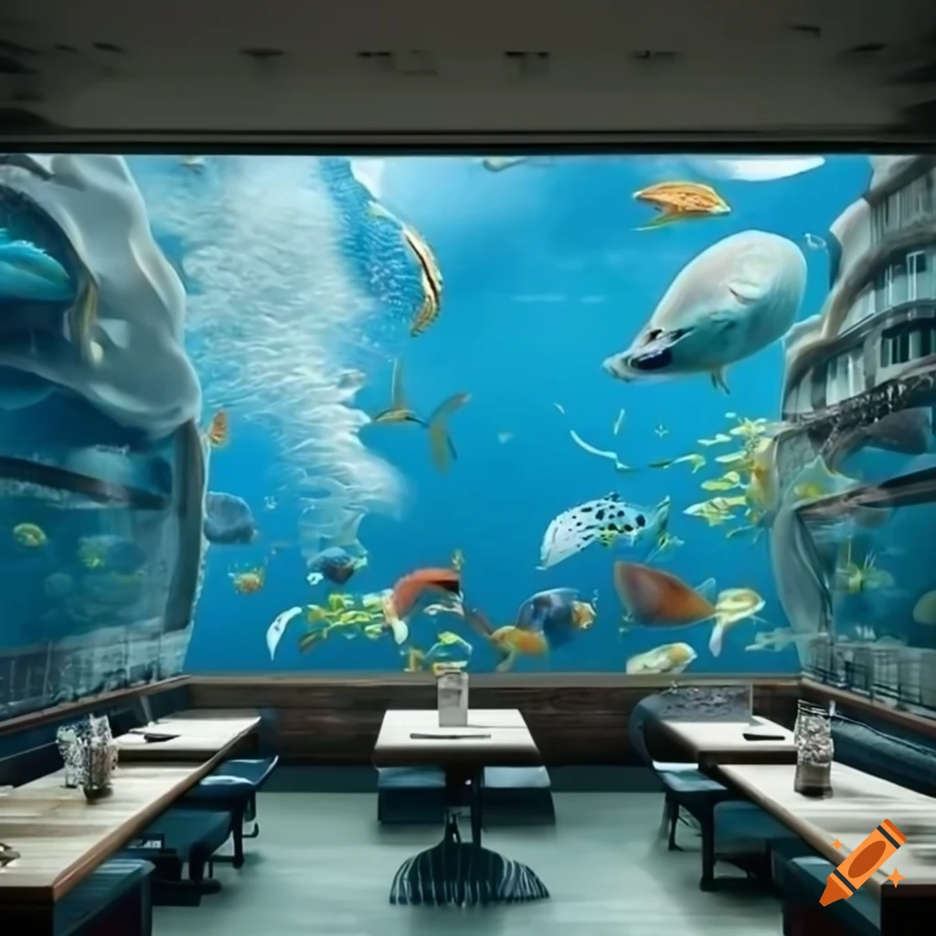Hyperrealistic ocean cafe with fish tanks and octopuses on Craiyon