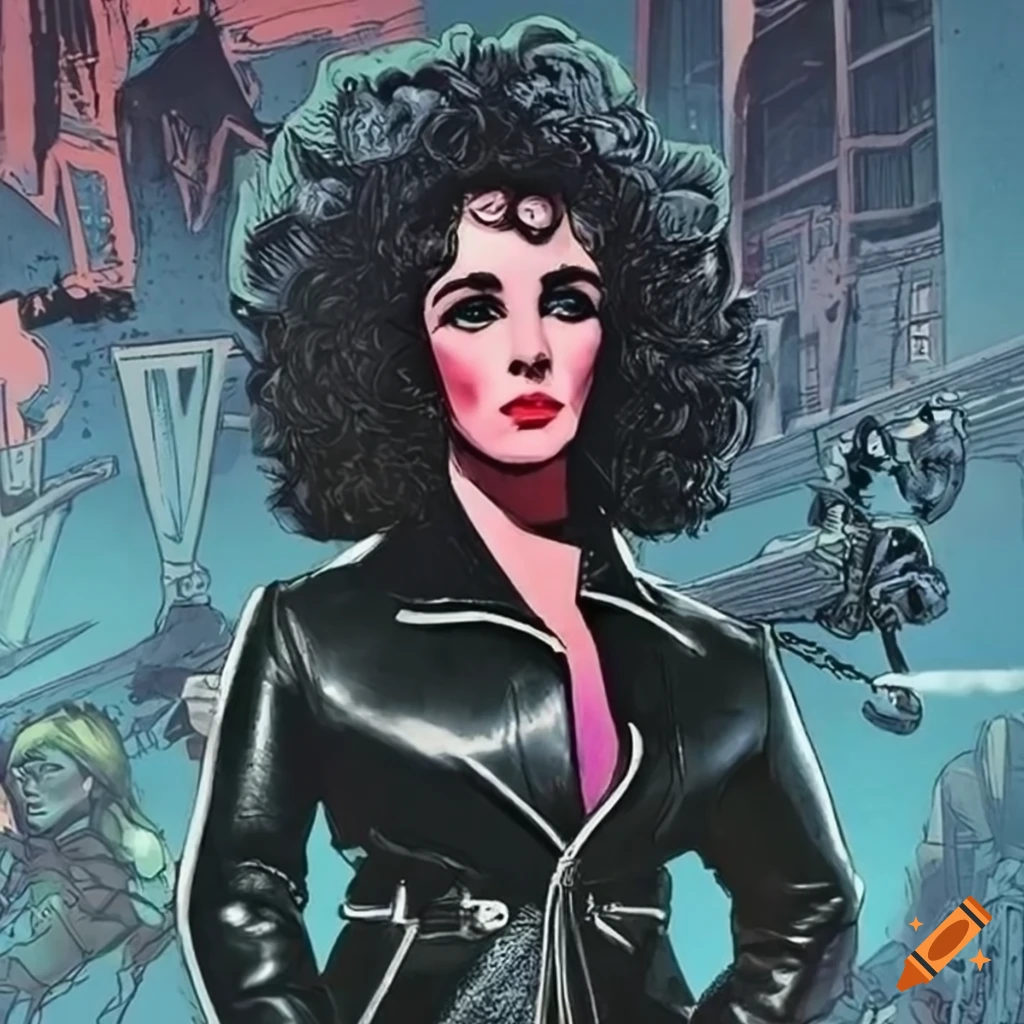 Comic book panel of elizabeth taylor in a black biker leather coat