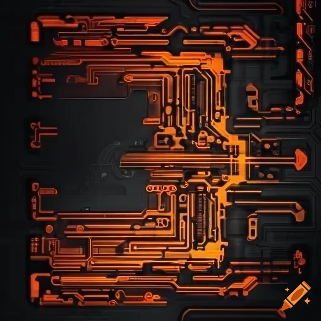 Glowing black and orange abstract artwork of printed circuit boards