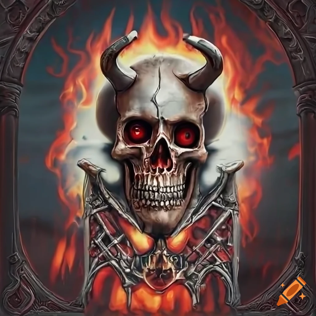 Metal album cover with a symmetrical skull and fire on Craiyon