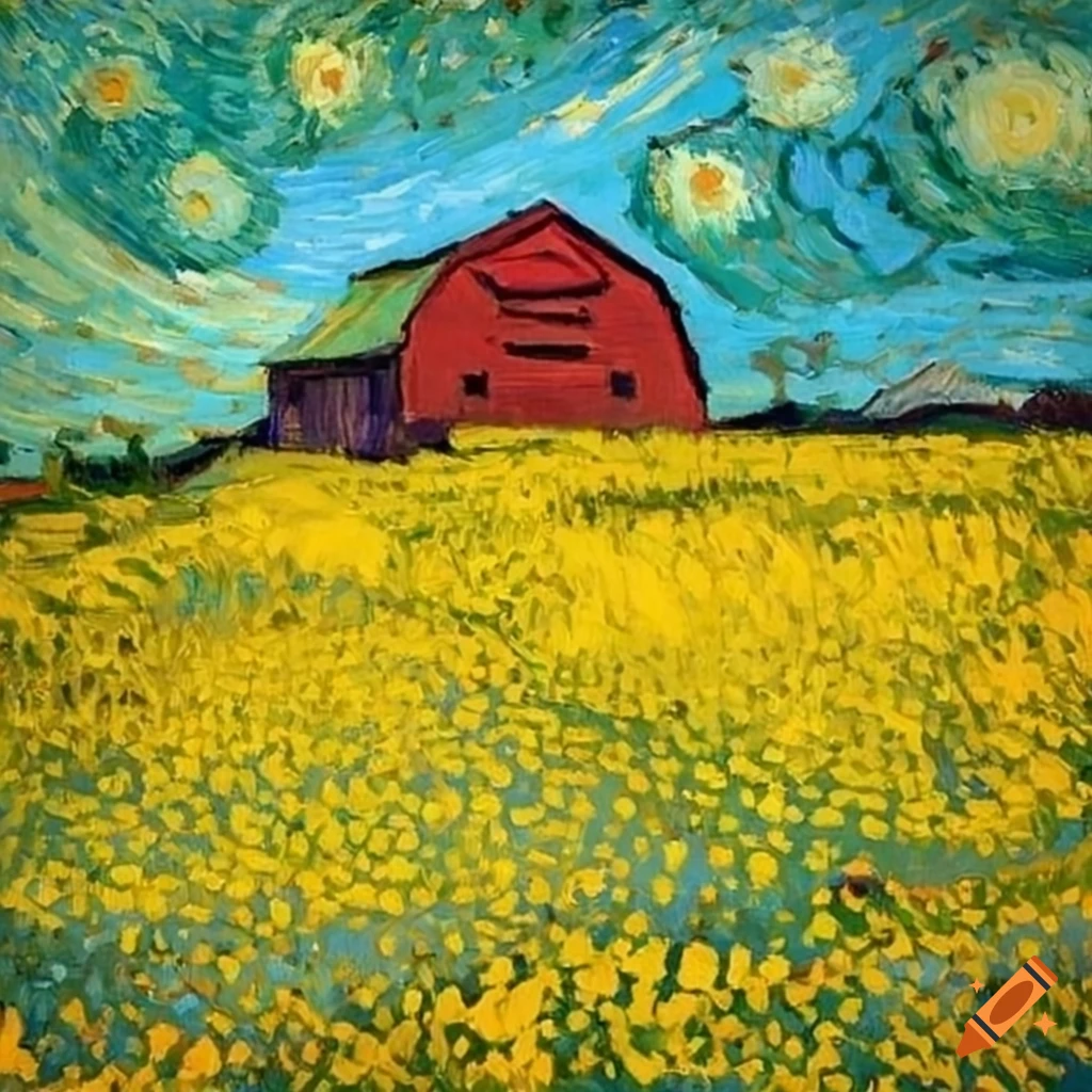 Painting of a field of yellow spring flowers with a barn in the distance