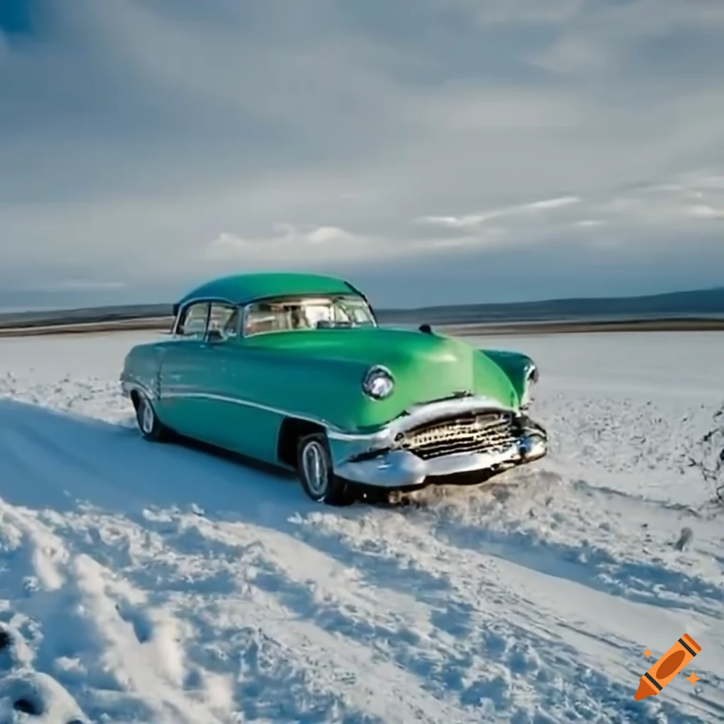Green pontiac classic car driving on a rural road