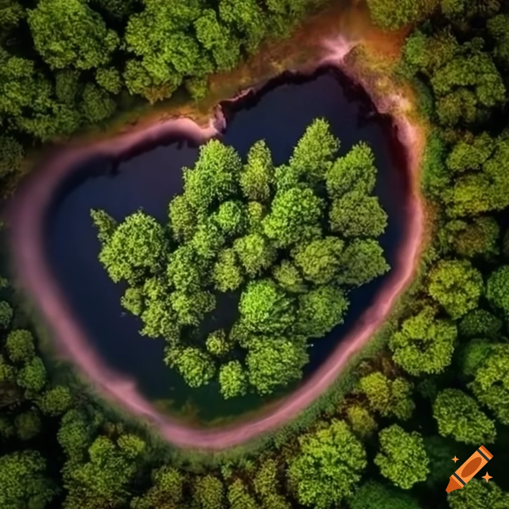 Aerial view of a heart-shaped forest on Craiyon
