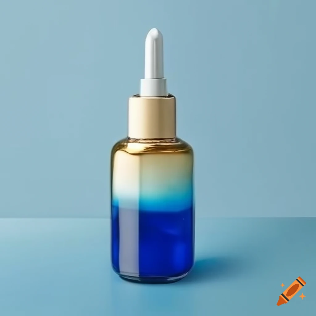 Serum bottle with blue base and gold accents on Craiyon