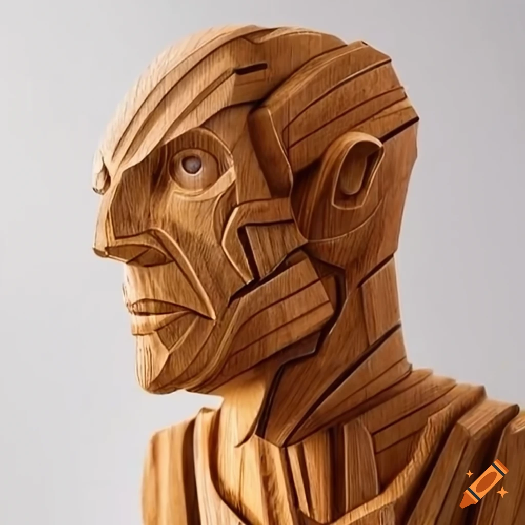 Wooden sculpture of commander data from star trek