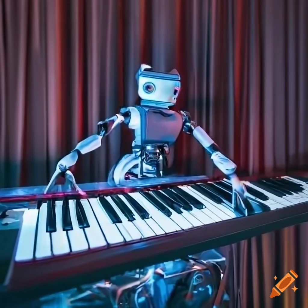 Robot dancing on a musical synthesizer keyboard