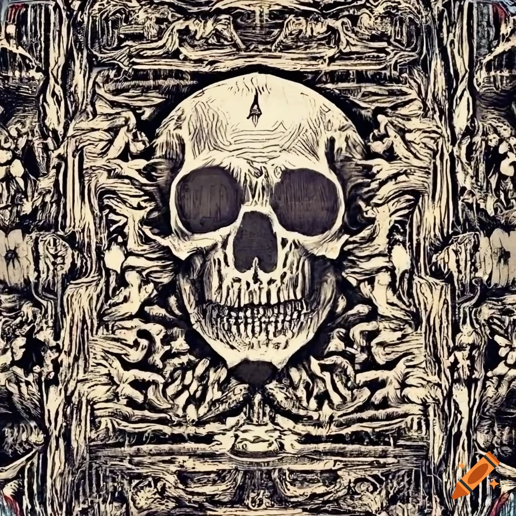 Woodcut print of a skull in a forest on Craiyon