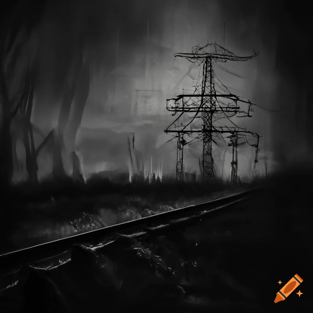 Spooky black and white image of high voltage lines with train in the ...