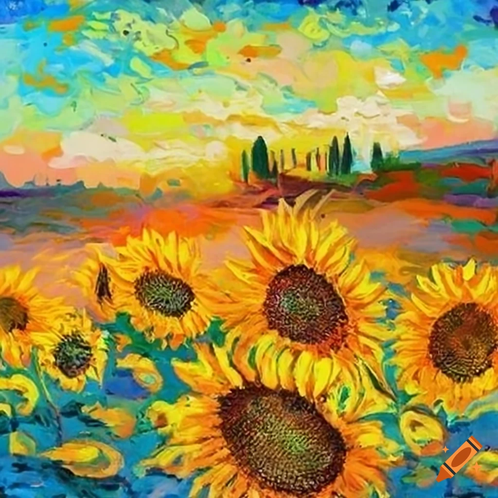 Impressionism painting of a sunflower field in tuscany