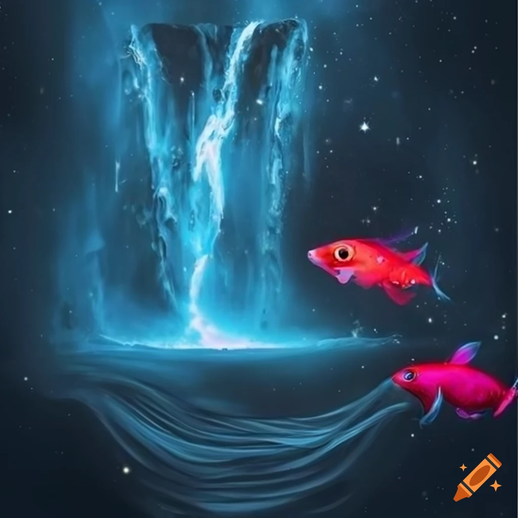 Surreal artwork of a neon fish swimming in a galaxy waterfall on Craiyon