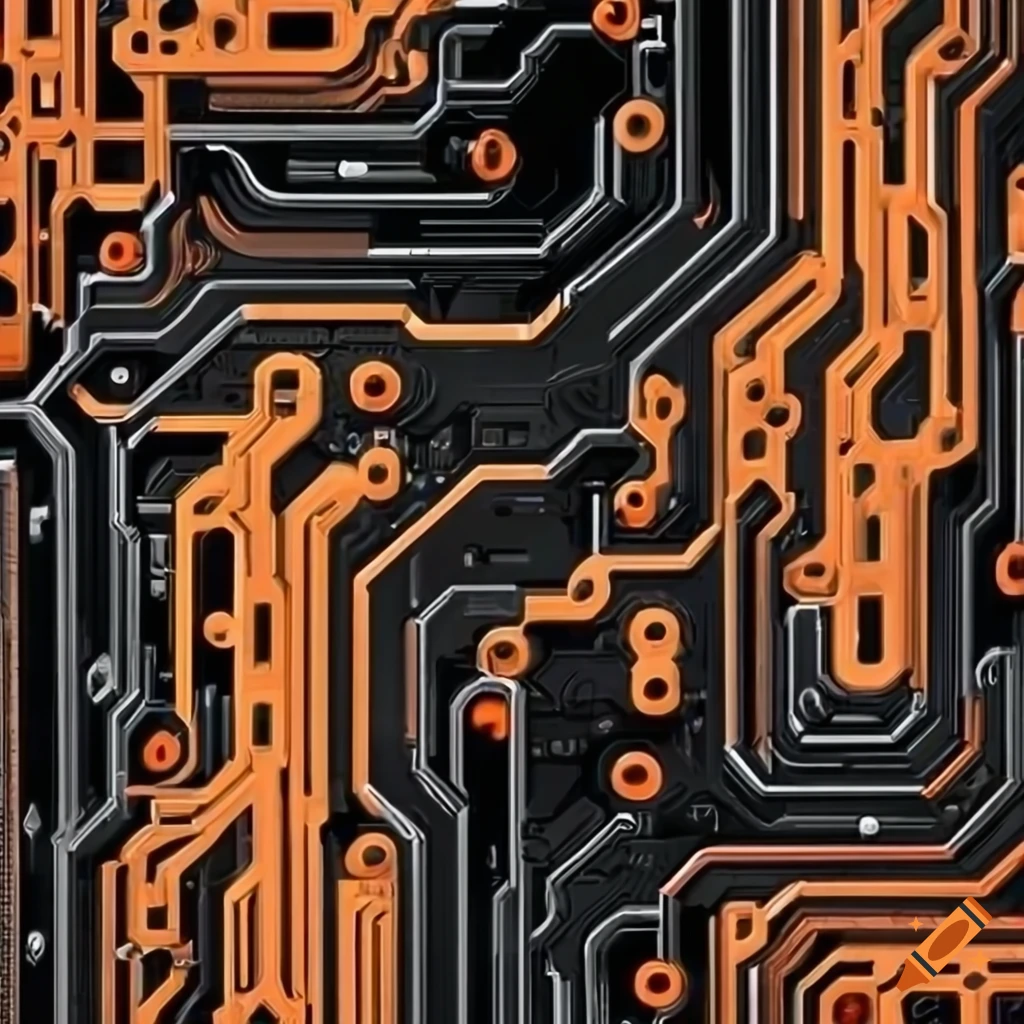 Abstract artwork of black and orange circuit boards on Craiyon