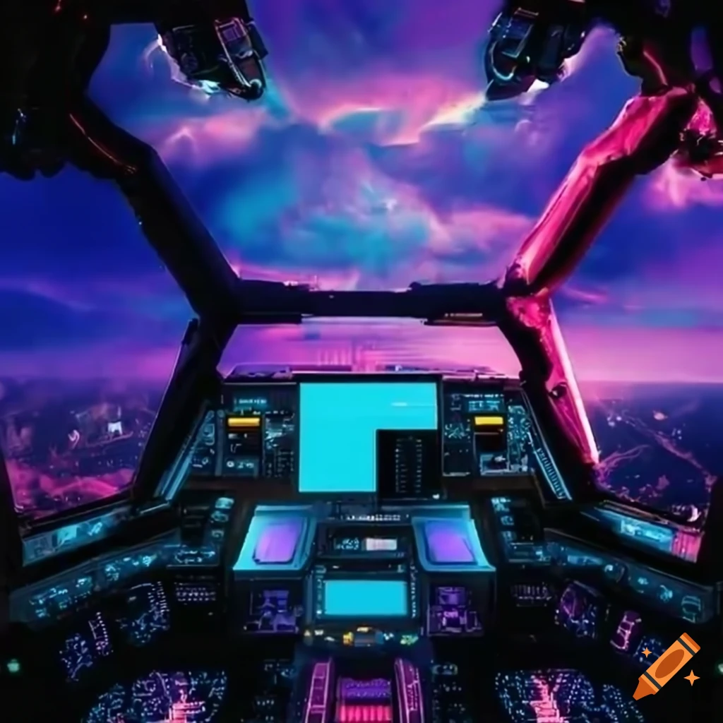 Inside view of a cyberpunk starship heading towards a colorful nebula on Craiyon