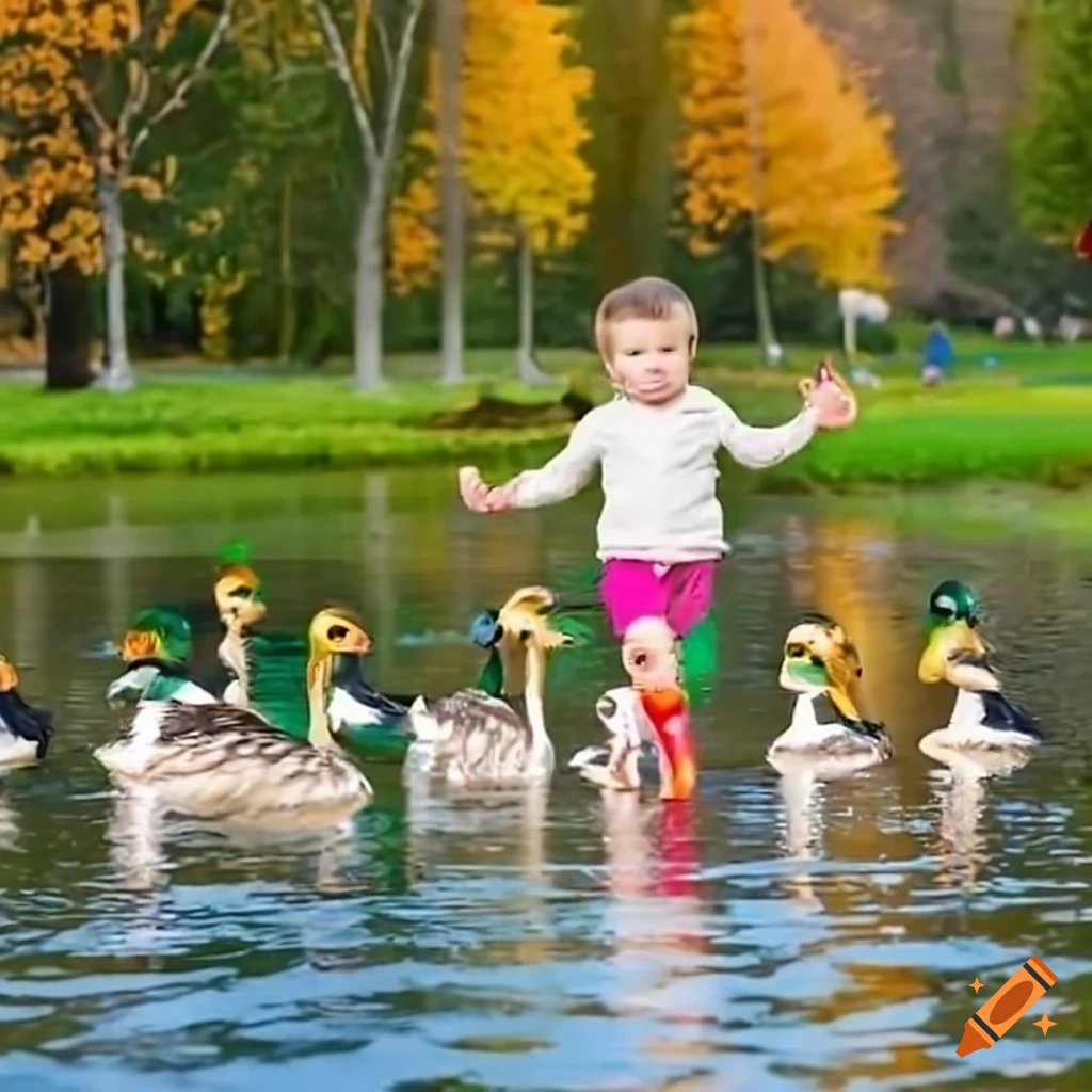 Children playing with ducks in a park on Craiyon