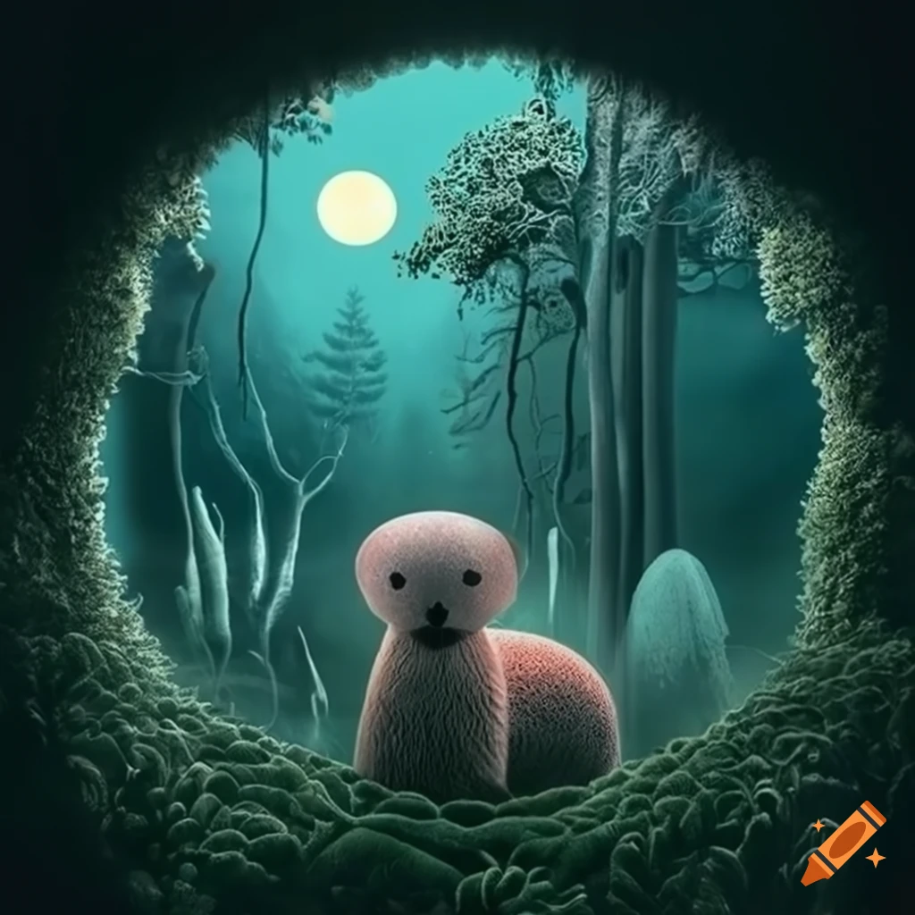 Artistic depiction of cute animals in a moonlit forest on Craiyon