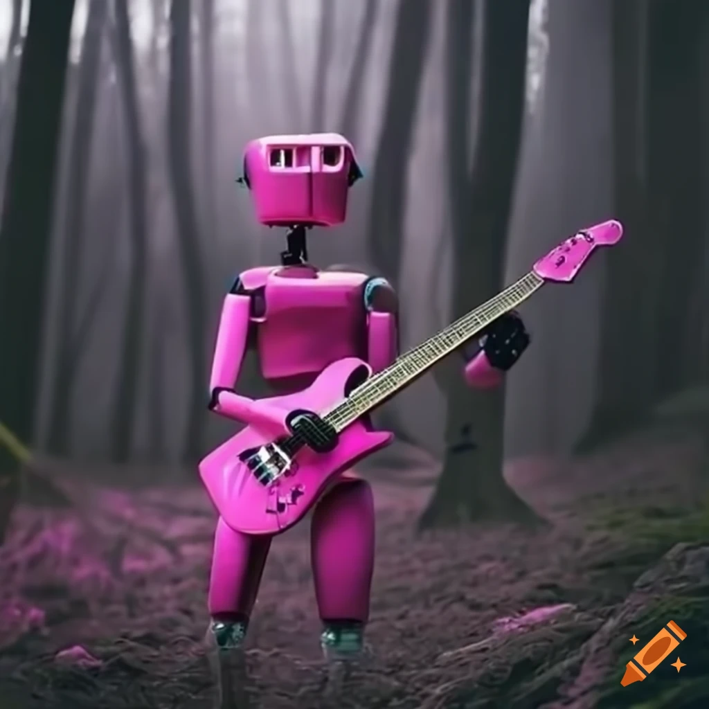 Futuristic robot wearing a black blues brothers hat and playing a ...