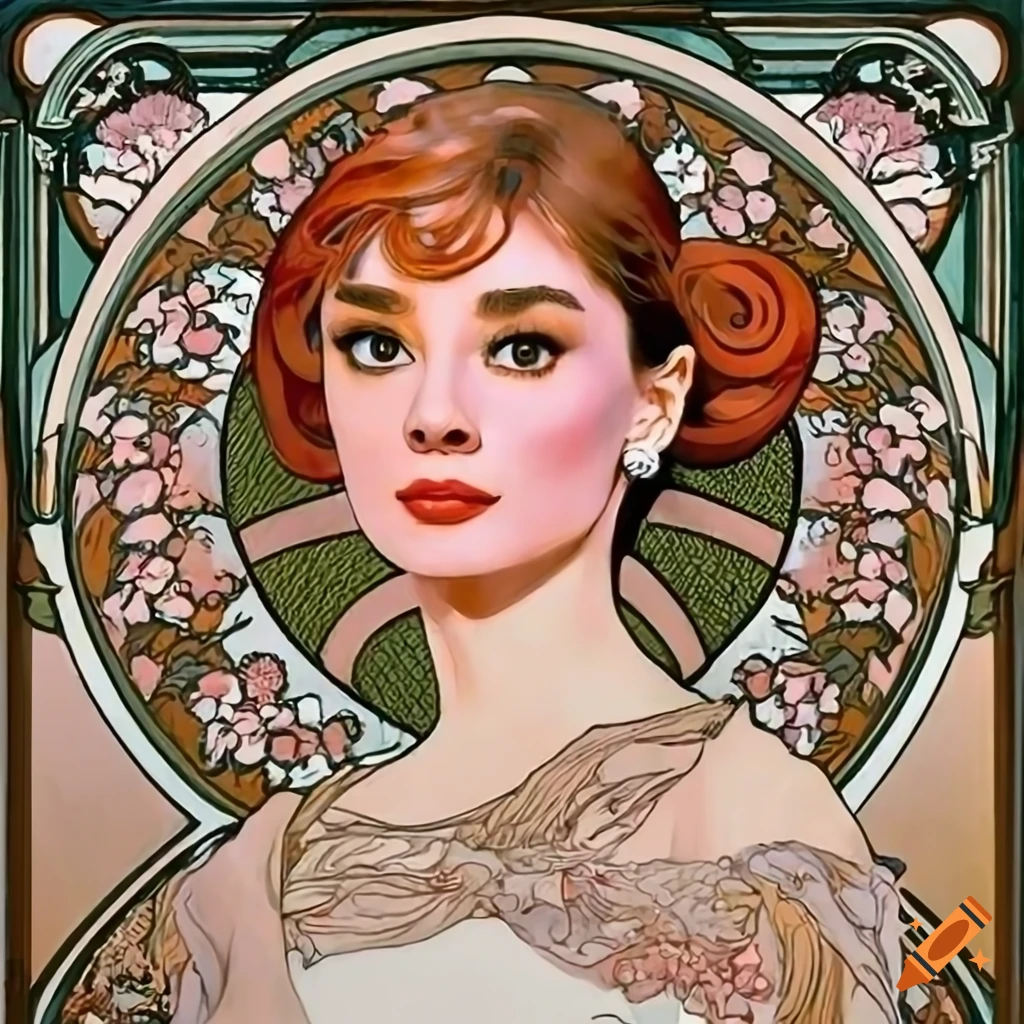 Artistic portrait of audrey hepburn in the style of alphonse mucha