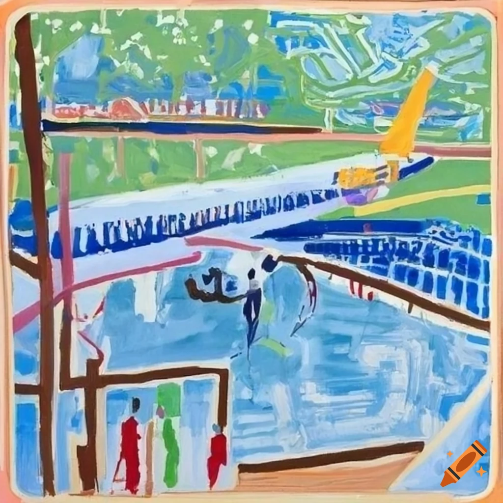 David hockney-inspired painting of a seaside square on Craiyon