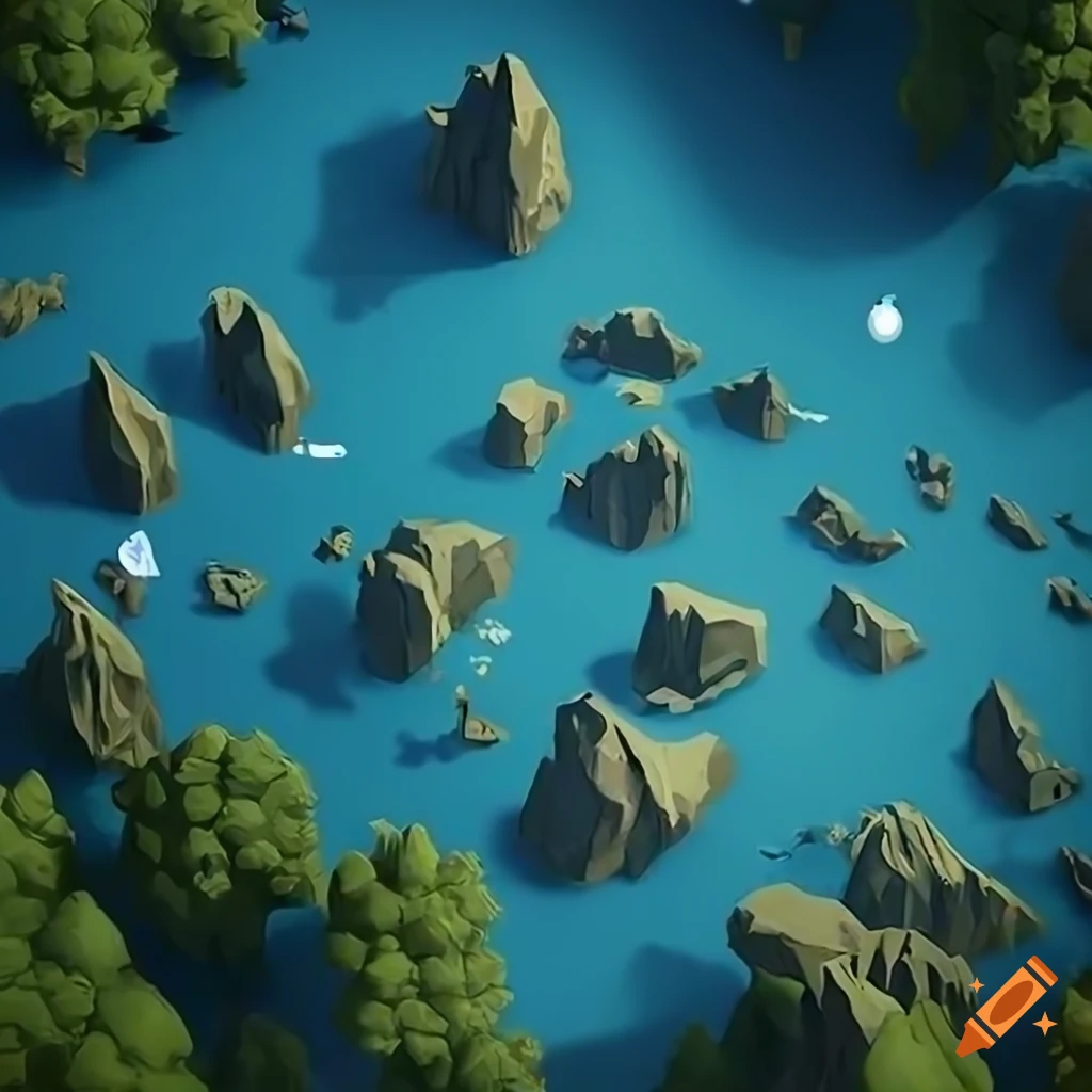 Top down 2d map of beach with cliffs and rivers on Craiyon