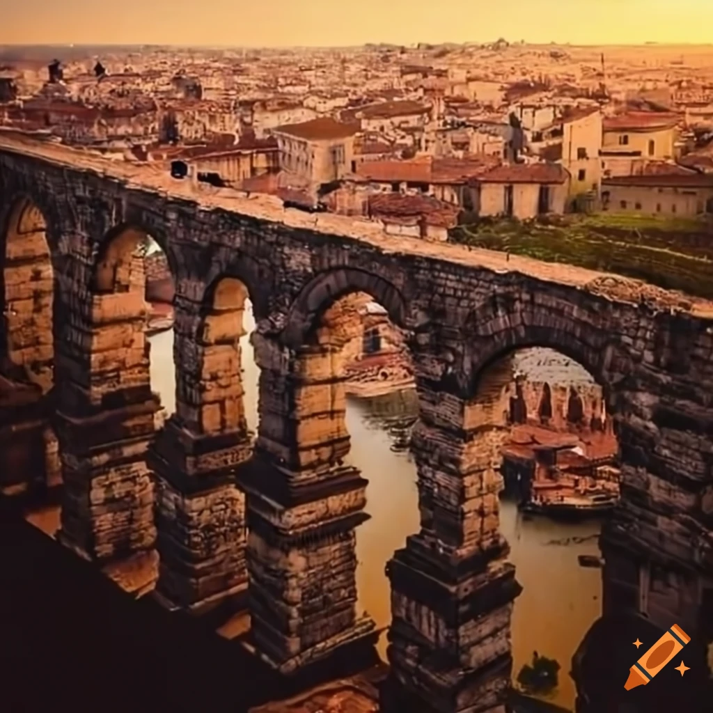 Bird's Eye view of an ancient Roman city with an aqueduct on Craiyon