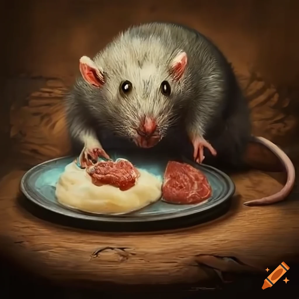 Still life arrangement of food and a rat on Craiyon