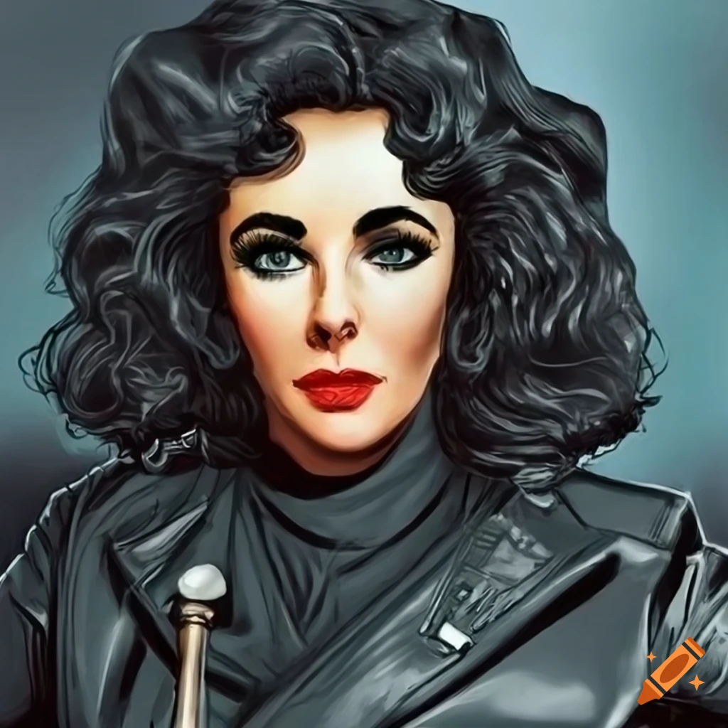 Comic book panel of elizabeth taylor in leather coat on Craiyon