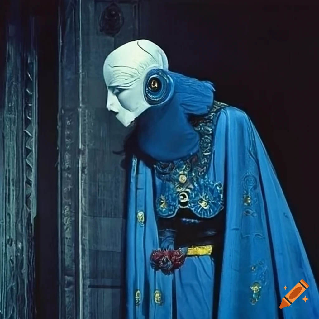 Movie still of a scholarly robot angel in blue robes on Craiyon