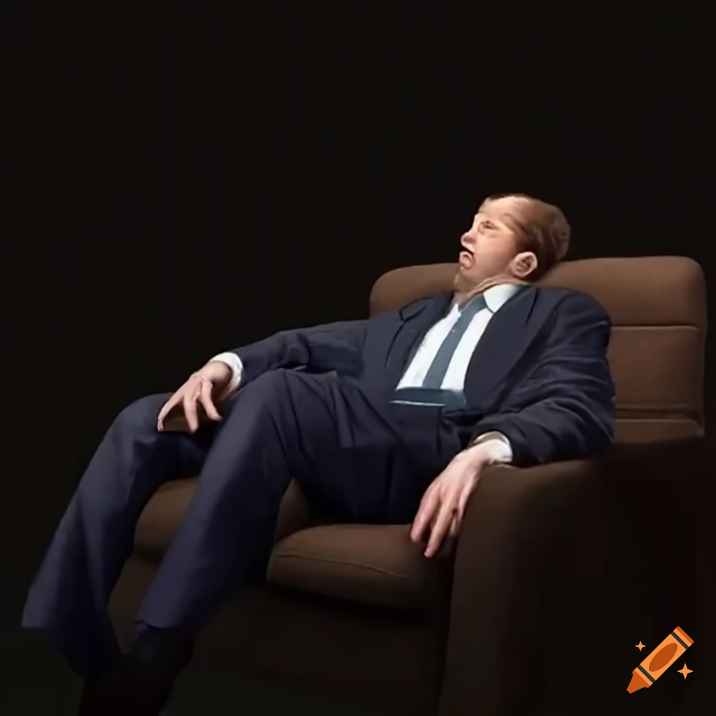 Tired man in suit collapsing on a couch