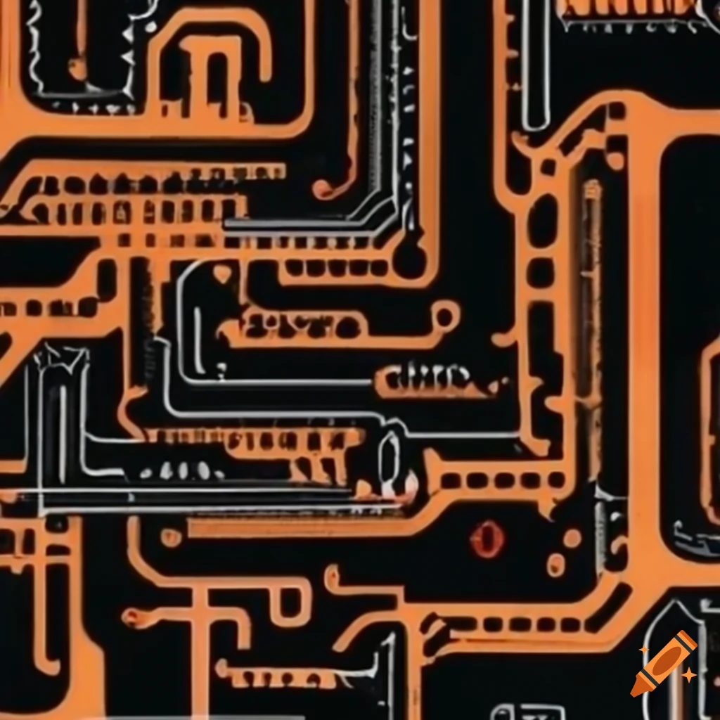 Abstract artwork of black and orange circuit boards