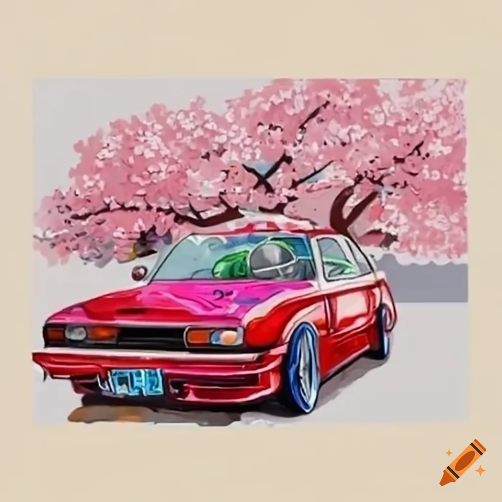 Japanese painting of a white car with cherry blossoms on Craiyon