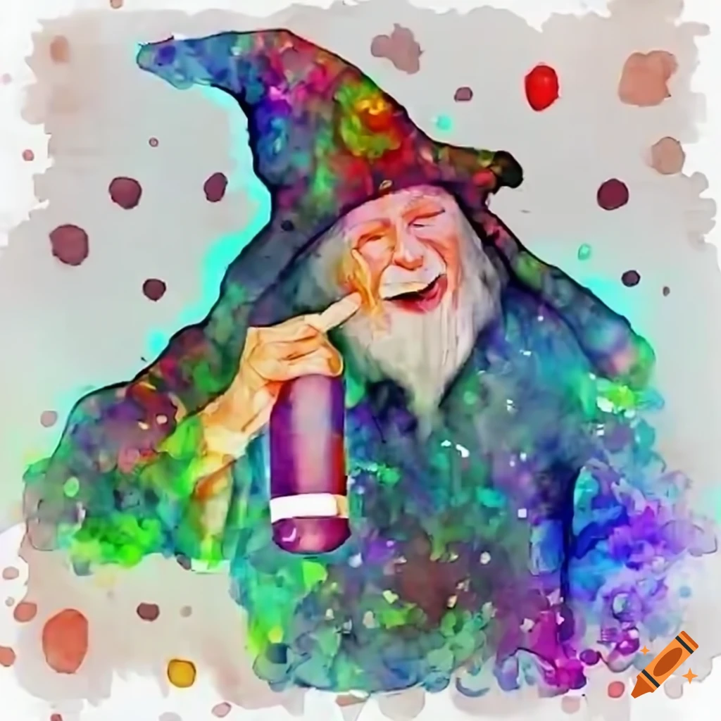 Funny wizard drinking energy drink and laughing