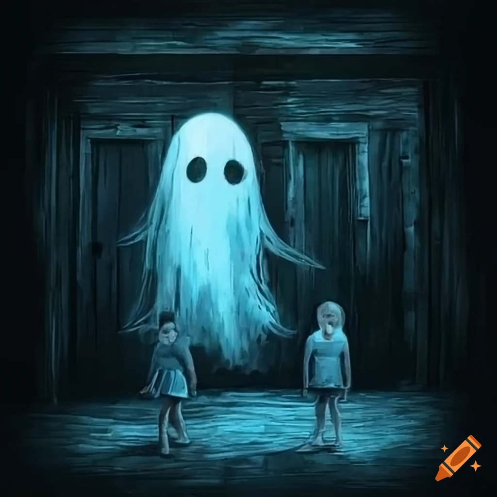 Dark water painting of two children encountering a ghost on Craiyon