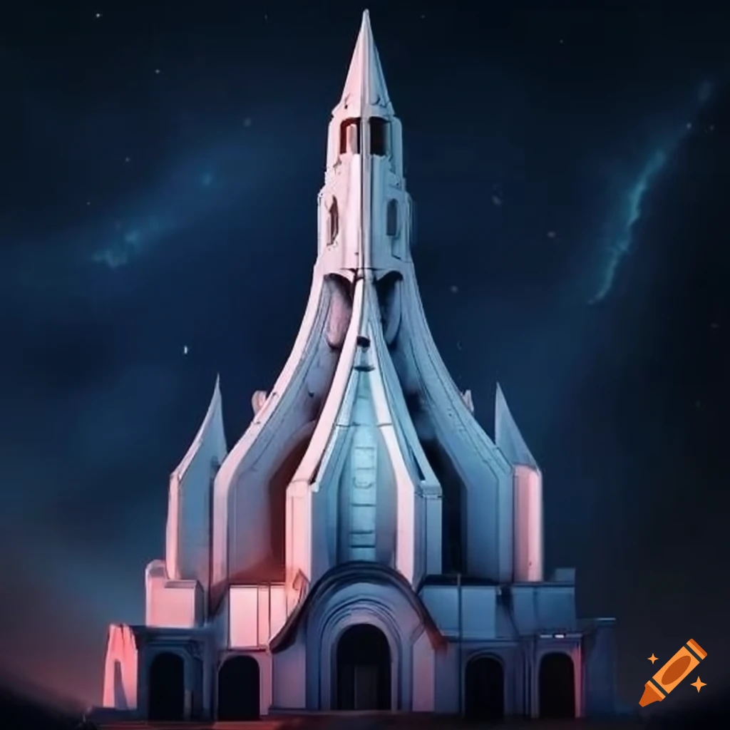 Sci-fi concept of a cathedral-like spaceship on Craiyon